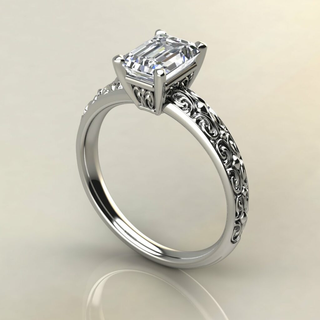 Moissanite Emerald Cut Vintage Engraved Engagement Ring - Yalish Diamonds