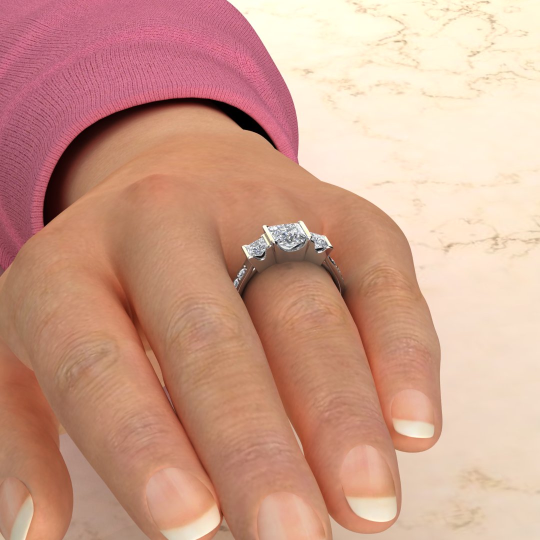 Three Stone Half Bezel Princess Cut Moissanite Engagement Ring - Yalish ...