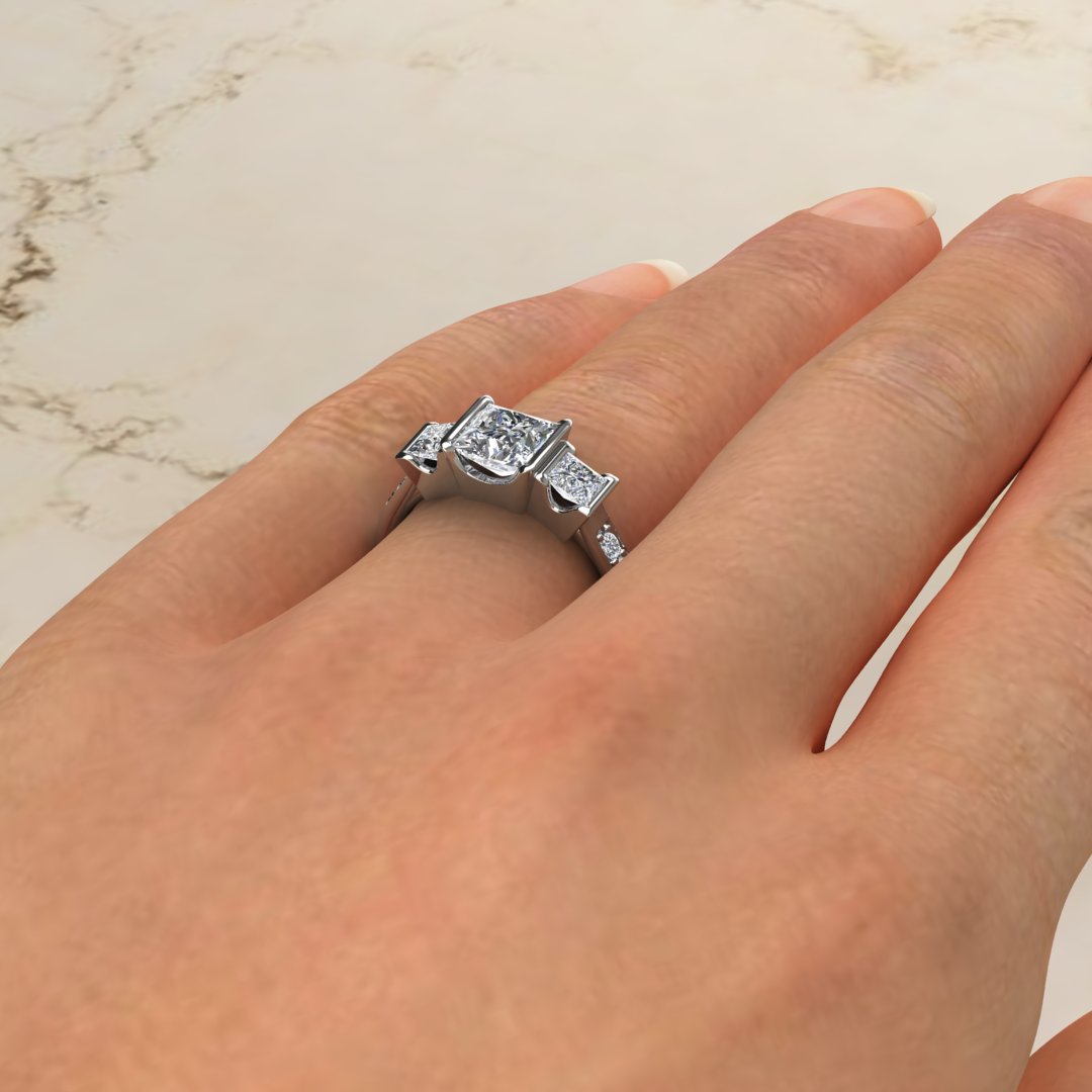Three Stone Half Bezel Princess Cut Moissanite Engagement Ring - Yalish ...