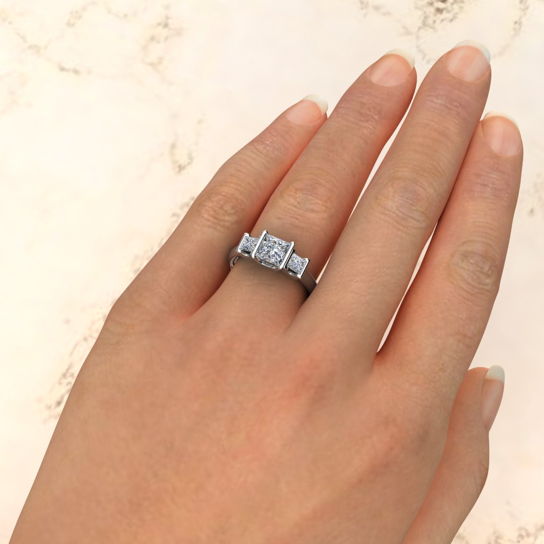 Three Half Bezel Princess Cut Moissanite Engagement Ring - Yalish Diamonds